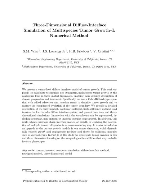 Pdf Three Dimensional Diffuse Interface Simulation Of Multispecies Tumor Growth I Numerical