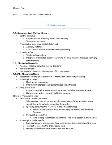 Chapter Summary Cognition Chapter Five NEED TO TAKE NOTES FROM PREP GUIDE Working