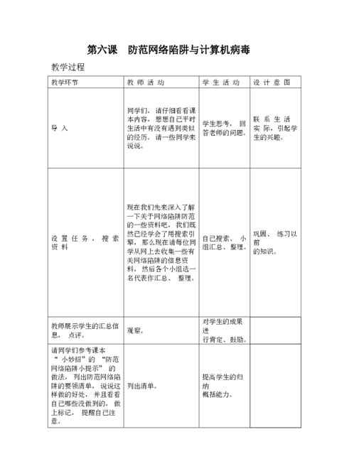 信息技术 6防范网络陷阱与计算机病毒 教案 教案下载预览 二一课件通