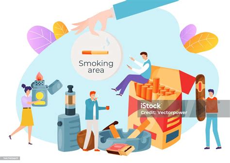 흡연 지역 개념 벡터 일러스트레이션 작은 남자 여자 캐릭터 담배를 피우고 담배에 건강에 해로운 중독자 소녀는 거대한 라이터를 들고 있습니다 개념에 대한 스톡 벡터 아트 및