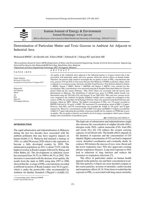 Pdf Determination Of Particulate Matter And Toxic Gaseous In Ambient Air Adjacent To