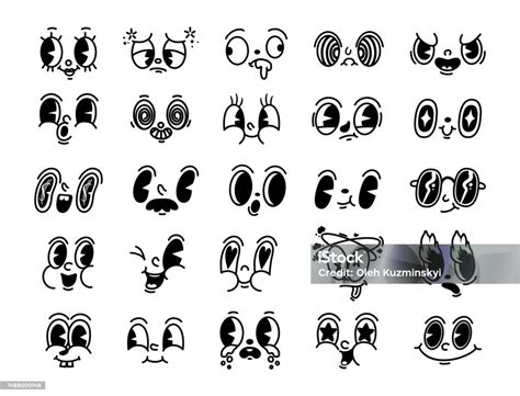 복고풍 만화 30 대 얼굴 빈티지 마스코트 캐릭터 얼굴 코믹한 옛날 디자인의 눈과 입 마음으로 행복한 얼굴 감정 낙서 기발한 애니메이션 벡터 컬렉션 1930 1939 년에
