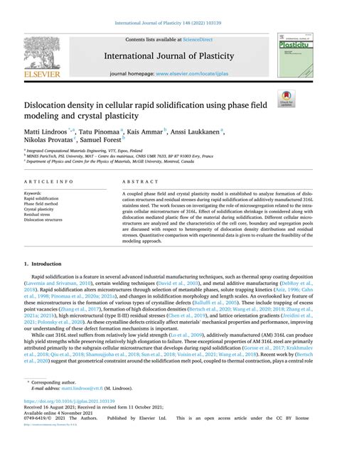 Pdf Dislocation Density In Cellular Rapid Solidification Using Phase