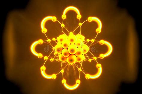 Atomic Particles Rotating On Bright Yellow Illuminated Model Atom Orbit