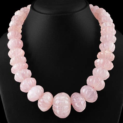137100 Cts Natural Rich Pink Rose Quartz Round Carved Beads Necklace