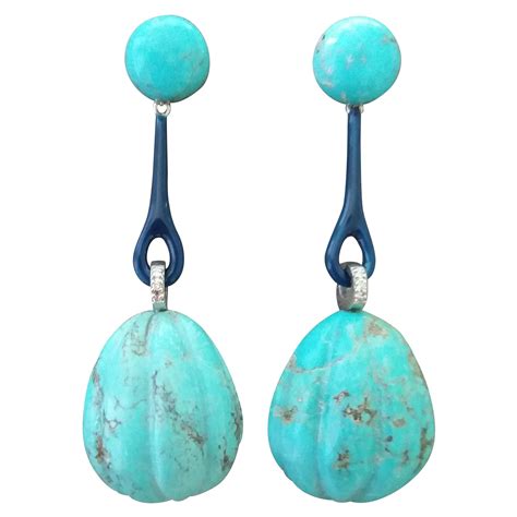 Art Deco Style Genuine Turquoise White Gold Diamonds Blue Enamel Drop