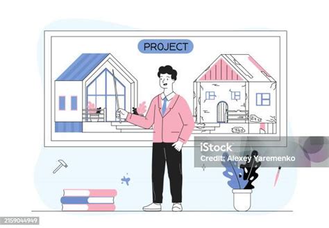 집의 스타일 변경 건물의 리노베이션 프로젝트를 가진 남자 전원주택과 타운하우스 수리 망가지고 부서진 부동산 선형 벡터 그림 0