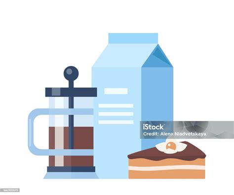 커피 타임 개념 그림입니다 커피와 케이크가 포함 된 이른 아침 식사 커피 케이크 우유 벡터 그림입니다 라떼에 대한 스톡 벡터 아트 및 기타 이미지 Istock