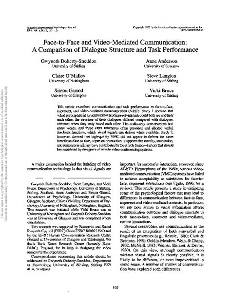 Pdf Face To Face And Video Mediated Communication A Comparison Of Dialogue Structure And Task