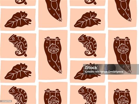 나무늘보 카멜레온 나뭇잎이 특징인 손으로 그린 잉크 스타일의 열대 낙서 패턴으로 아동 제품 직물 및 여름 테마 표면 디자인에 적합합니다 0명에 대한 스톡 벡터 아트 및 기타