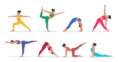 Set Of Yoga Poses Young Women In Colorful Clothes Do Yoga Exercises