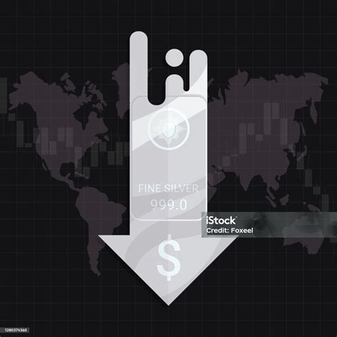 실버 시장 가격 위기 개념 Ag 금속 막대에 의해 디자인하고 미국 달라 기호와 화살표 아래로 떨어지는 세계 경제 성장 기간 동안 은 상품 가치 하락 플랫 벡터 일러스트레이션