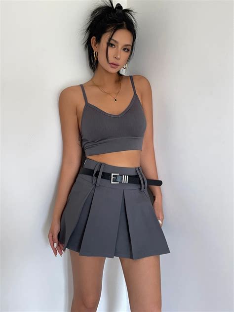 High Waist Pleated A Line Skater Mini Skirt With Belt On Luulla
