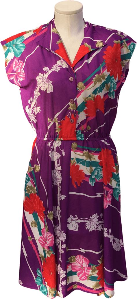 Vintage Bright Purple With Multicolor Floral Print Shirt Dress Shop