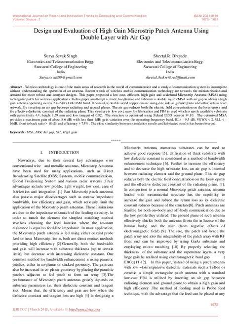 Pdf Design And Evaluation Of High Gain Microstrip Patch Antenna Using Double Layer With Air Gap