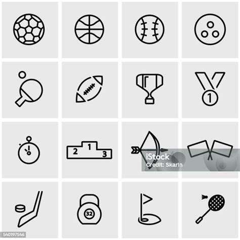 벡터 꺾은선형 스포츠 아이콘 세트 건강한 생활방식에 대한 스톡 벡터 아트 및 기타 이미지 건강한 생활방식 검은색 공 스포츠 장비 Istock