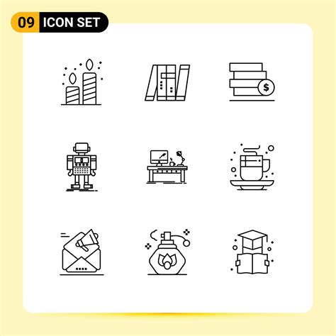 Pack Of 9 Creative Outlines Of Technology Robot Military Machine Save Editable Vector Design