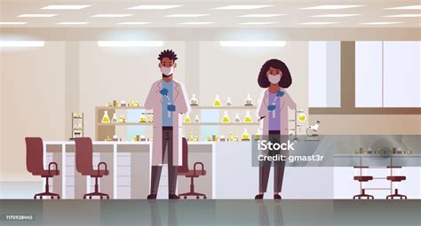과학자 부부 들고 시험관 아프리카 계 미국인 남자 여자 에 균일 한 만들기 실험 화학 연구 과학 개념 현대 실험실 인테리어 수평 전체 길이 과학자에 대한 스톡 벡터 아트 및