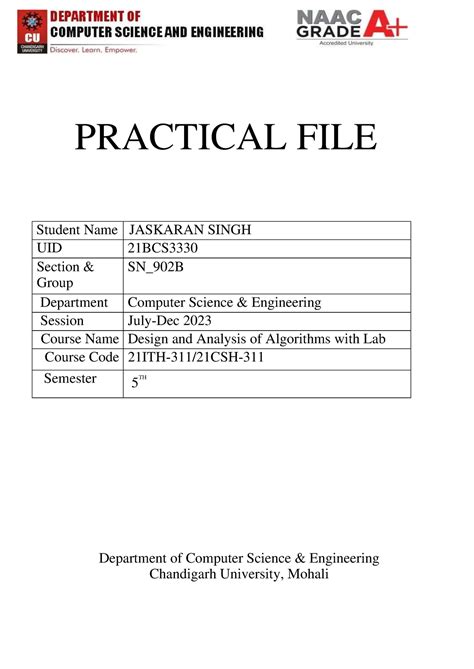 1 1 DAA Experiment 1 PRACTICAL FILE Babe Name JASKARAN SINGH UID 21BCS Section Group
