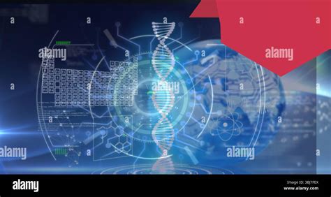 Rotating Central 3d Dna Helix In Digital Interface With Periodic Table Grid And World Map Globe