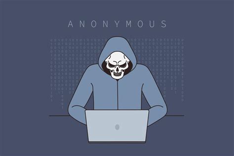 Anonymous Hacker In Hood And Skull Mask Work On Computer Break Operational Software Darknet