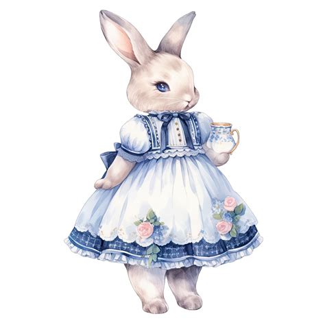 AI Generated Rabbit Wear An Elegant Blue Dress At A Spring Afternoon Tea Party PNG