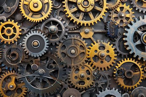 Interlocking Gears Rusty And Yellow Clockwork Mechanism Premium AI