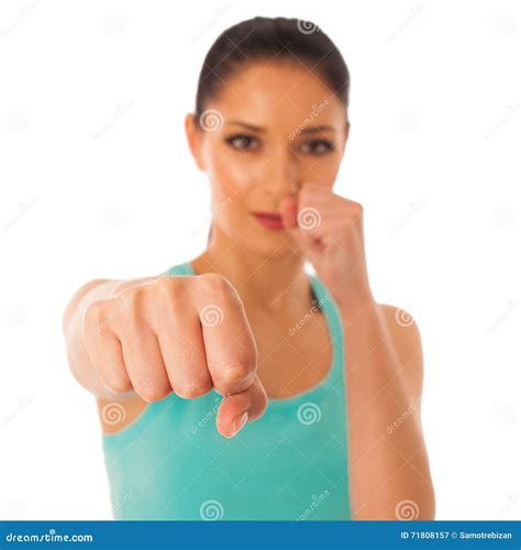 Beautiful Woman Boxing Into Copy Space Isolated Over White Background