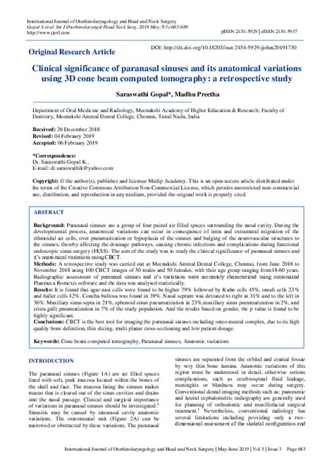 Pdf Clinical Significance Of Paranasal Sinuses And Its Anatomical Variations Using 3d Cone