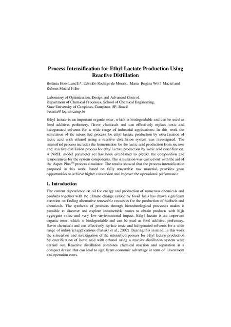 Pdf Process Intensification For Ethyl Lactate Production Using Reactive Distillation