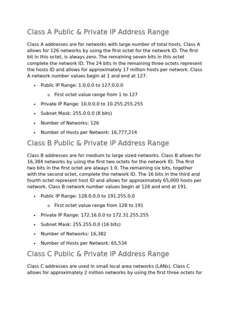 Ip Address Classes Public And Private Ranges Pdf Ip Address Computer Network