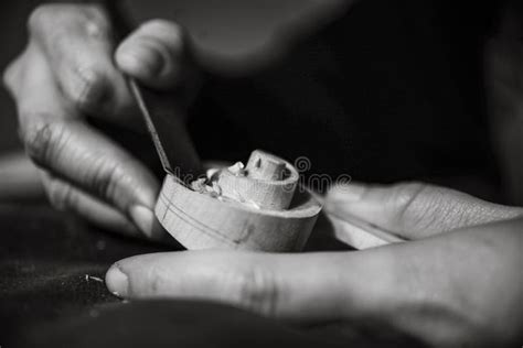 Luthier Carefully Carving Wood For Violin Scroll In Workshop Stock Image Image Of Instrument
