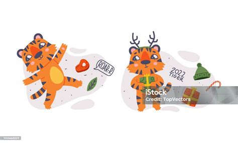 새해를 축하하는 귀여운 아기 호랑이 세트 재미 있는 오렌지 줄무늬 정글 와일드 캣 캐릭터 만화 벡터 일러스트 레이 션 귀여운에 대한 스톡 벡터 아트 및 기타 이미지 Istock