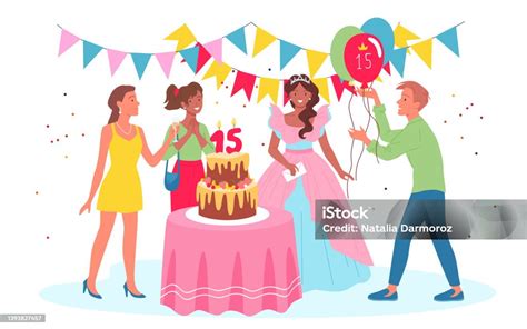 십대 공주 벡터 일러스트레이션을위한 생일 파티 축하 만화 아름다운 소녀와 친구들은 케이크 풍선을 들고있는 소년 15로 축하합니다 퀸세아네라 개념 15번째 생일에 대한 스톡