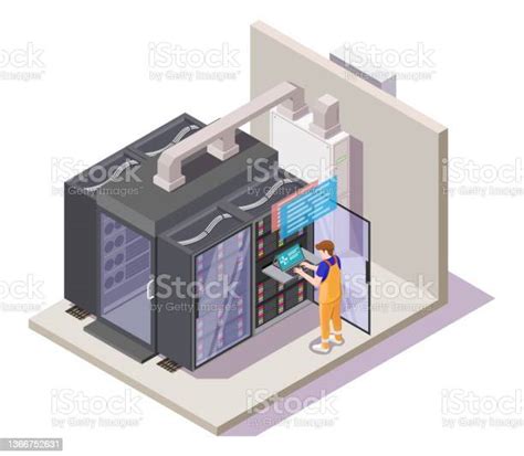 서버 랙이 있는 데이터 센터 또는 서버실 진단 테스트를 수행하는 기술자 플랫 벡터 동위원소 일러스트레이션 데이터 센터에 대한 스톡 벡터 아트 및 기타 이미지 Istock