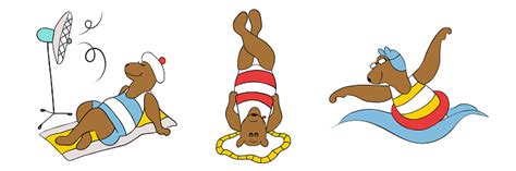 다양한 포즈로 수영복을 입은 곰 플랫 아이콘 스티커 세트 여름 시간 테마 벡터 그림입니다 곰에 대한 스톡 벡터 아트 및 기타