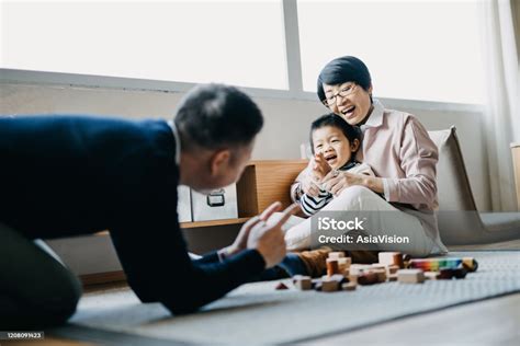 작은 손자와 함께 나무 빌딩 블록을 재생 거실에서 바닥에 앉아 즐거운 아시아 조부모 가정 생활에 대한 스톡 사진 및 기타 이미지 가정 생활 가족 가족 친목회 Istock