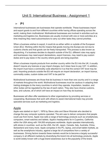 Btec Business Level 3 Unit 5 Assignment 1 Unit 5 International Business Stuvia Uk