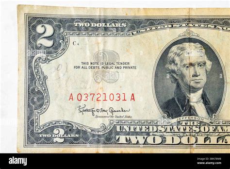 Half Of Old Two Dollar Bill With Jefferson Portrait Bill From 1963