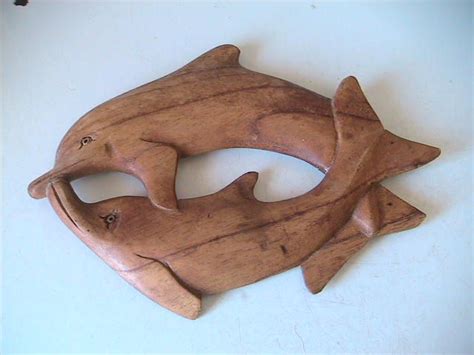 Vintage Dolphin Wall Hanging Wood Wooden Dolphins Hand Carved Folk Art
