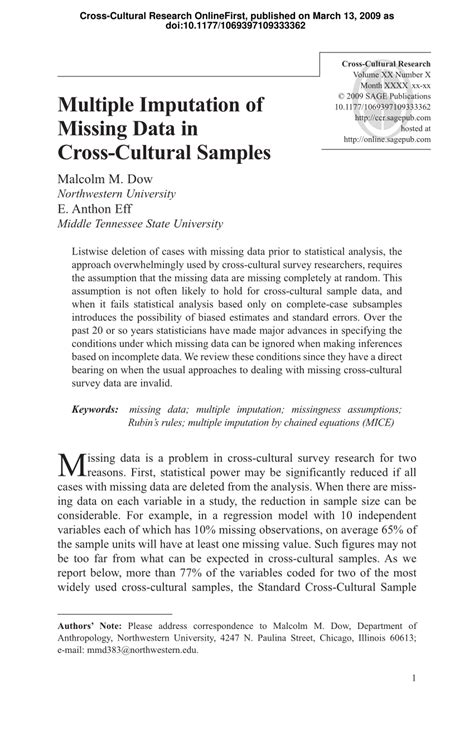 Pdf Multiple Imputation Of Missing Data In Cross Cultural Samples