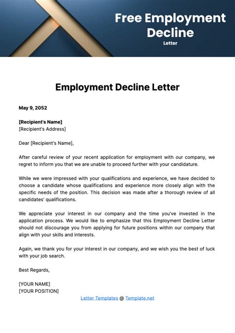 Free Employment Decline Letter Template To Edit Online