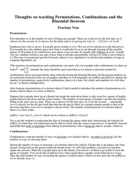 Thoughts On Teaching Permutations Combinations And The Binomial