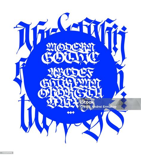 고딕 스타일에서 전체 라틴어 알파벳 편지 그리고 파란색 배경에 기호입니다 서 예 고 글자입니다 중세 라틴 편지입니다 문신에 대 한 우아한 폰트입니다 모든 문자는 구분 됩니다