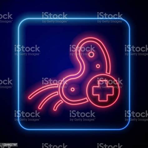 파란색 배경에 격리 된 빛나는 네온 긍정적 인 바이러스 아이콘 코로나 바이러스 2019ncov 박테리아와 세균 세포암 미생물