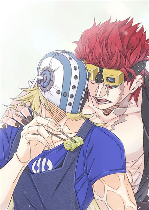 Two Anime Characters One With Red Hair And The Other Without His Shirt Is Holding Something In