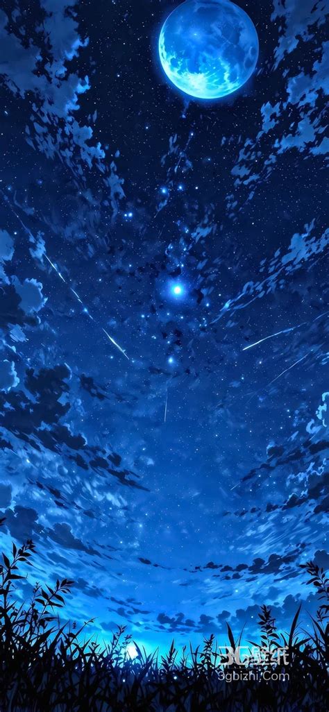 星空月夜流星草甸·唯美二次元动漫插画 治愈蓝调壁纸风景手机壁纸3g壁纸