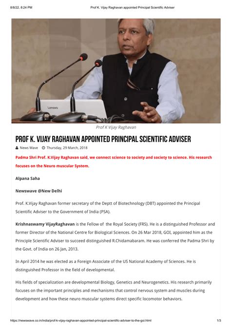 Pdf Prof K Vijay Raghavan Appointed Principal Scientific Adviser