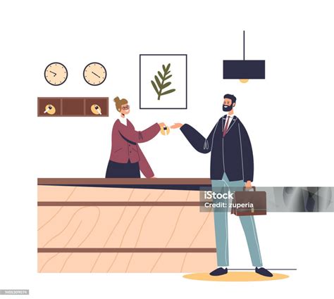 로비의 리셉션에서 호텔에 체크인하는 남성 방문자 접수 원 환영 등록 손님 가정의 방에 대한 스톡 벡터 아트 및 기타 이미지 가정의 방 경영자 고객 Istock