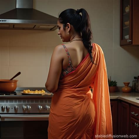 Mid 30s Indian Aunt Cooking In Saree Stable Diffusion Online